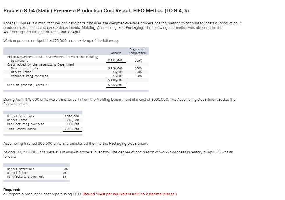 Solved Problem 8-54 (Static) Prepare a Production Cost | Chegg.com