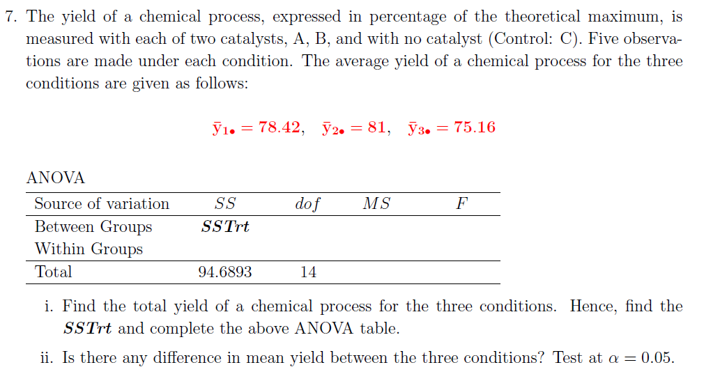 Solved 7. The yield of a chemical process, expressed in | Chegg.com