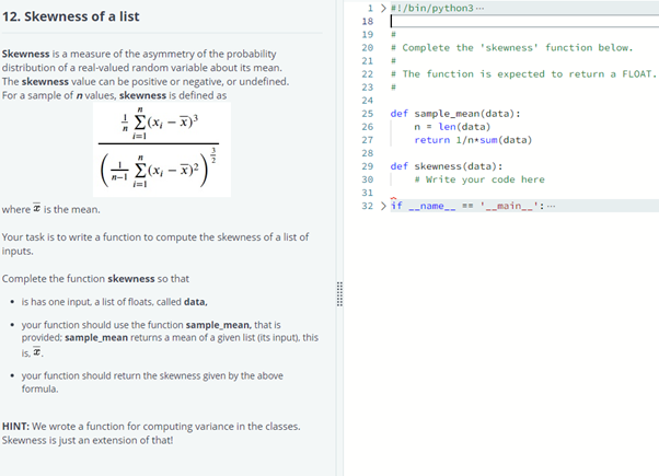 Solved 12. Skewness of a list Skewness is a measure of the | Chegg.com