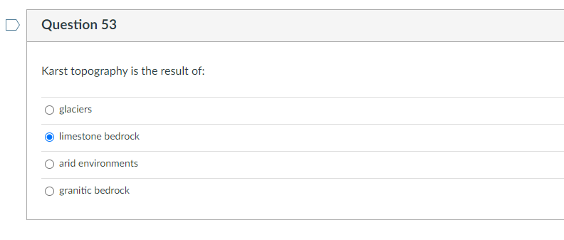Solved Question 53 Karst topography is the result of: | Chegg.com