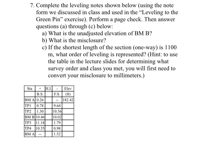 7. Complete the leveling notes shown below (using the | Chegg.com