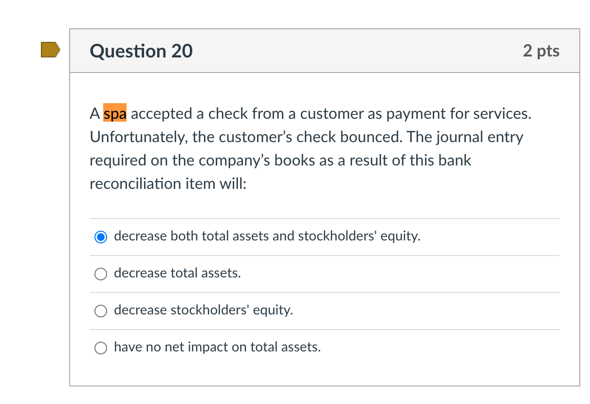 Solved Question 20 2 pts A spa accepted a check from a | Chegg.com
