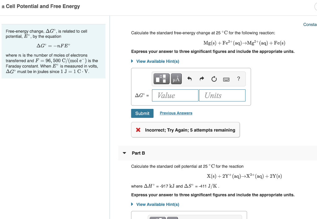 Solved + Cell Potential and Free Energy Constal Free-energy | Chegg.com