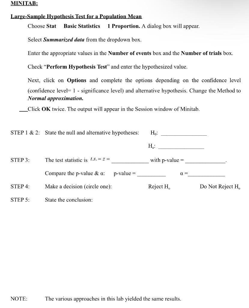 MINITAB: Large-Sample Hypothesis Test for a | Chegg.com