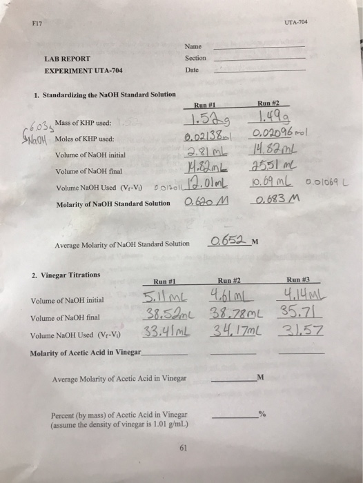 UTA-704 F17 Name Section LAB REPORT Date EXPERIMENT | Chegg.com