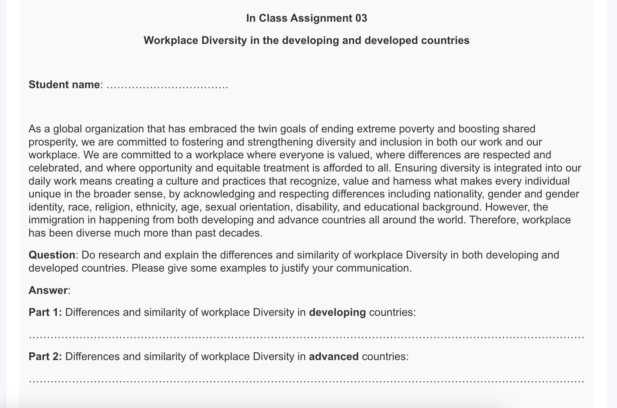 Solved In Class Assignment 03 Workplace Diversity in the | Chegg.com