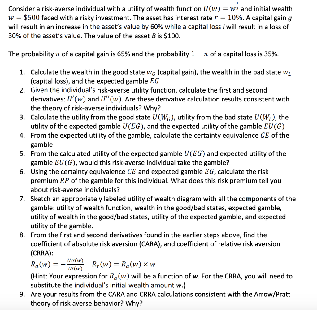Solved 1 Consider a risk-averse individual with a utility of | Chegg.com