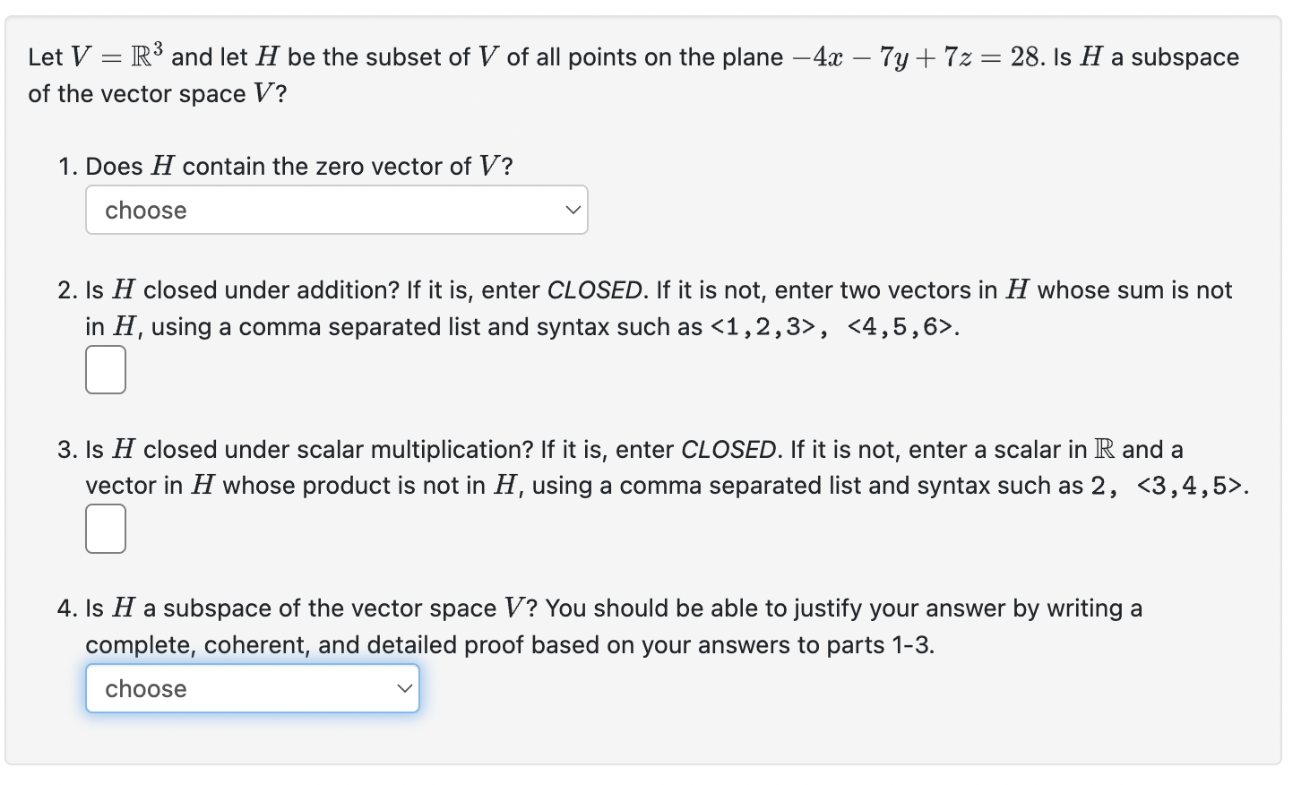 Let V=R3 and let H be the subset of V of all points | Chegg.com