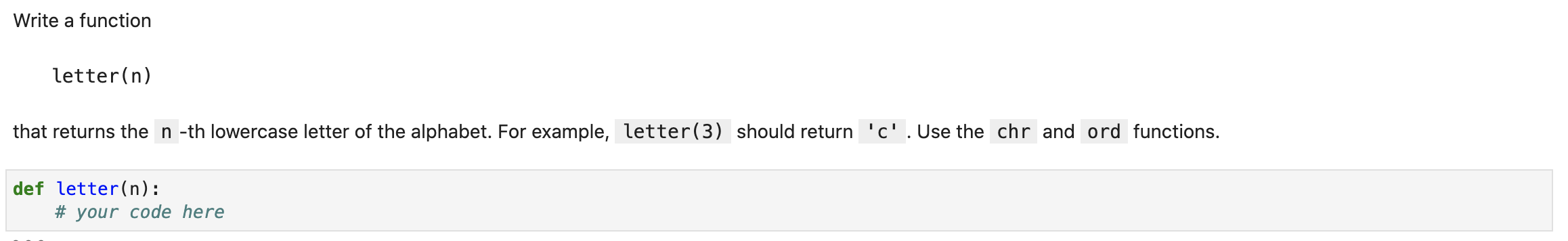Solved Write a function letter(n) that returns the n-th | Chegg.com