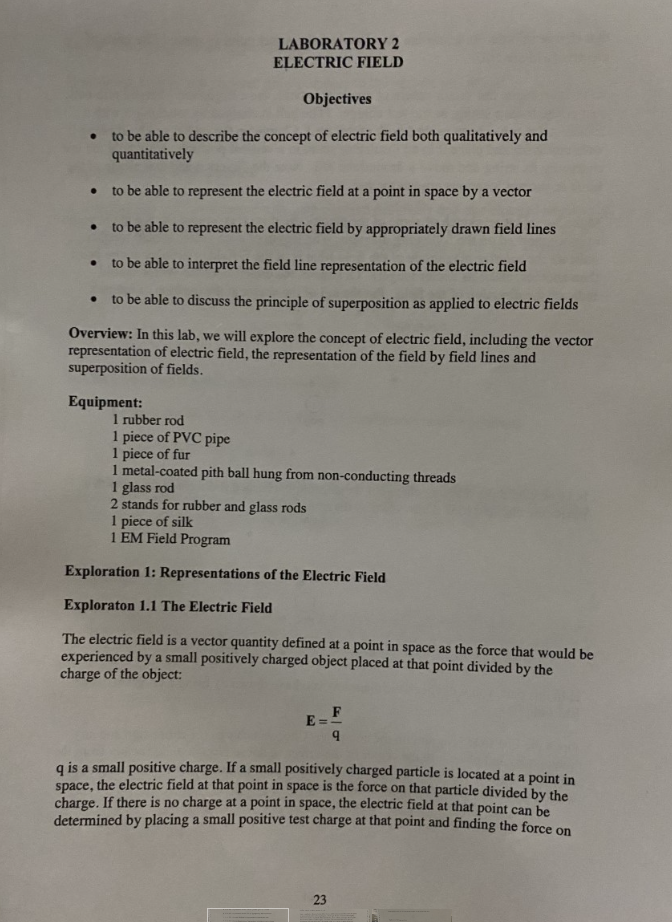 LABORATORY 2 ELECTRIC FIELD Objectives to be able to | Chegg.com