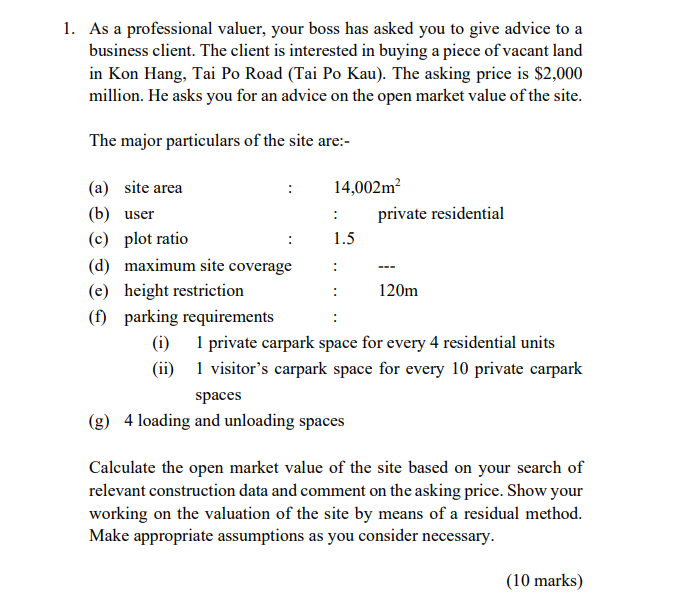 Solved As a professional valuer, your boss has asked you to | Chegg.com