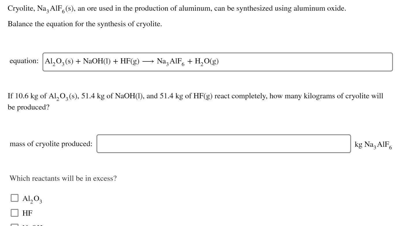 Solved If 10.6 kg of Al2O3(s), 51.4 kg of NaOH(1), and 51.4 | Chegg.com