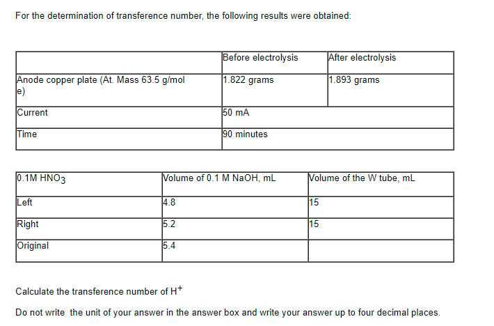 Solved For the determination of transference number, the | Chegg.com