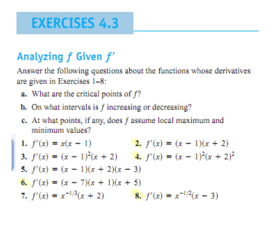 Solved EXERCISES 4.3 Analyzing f Given f' Afiswer the | Chegg.com