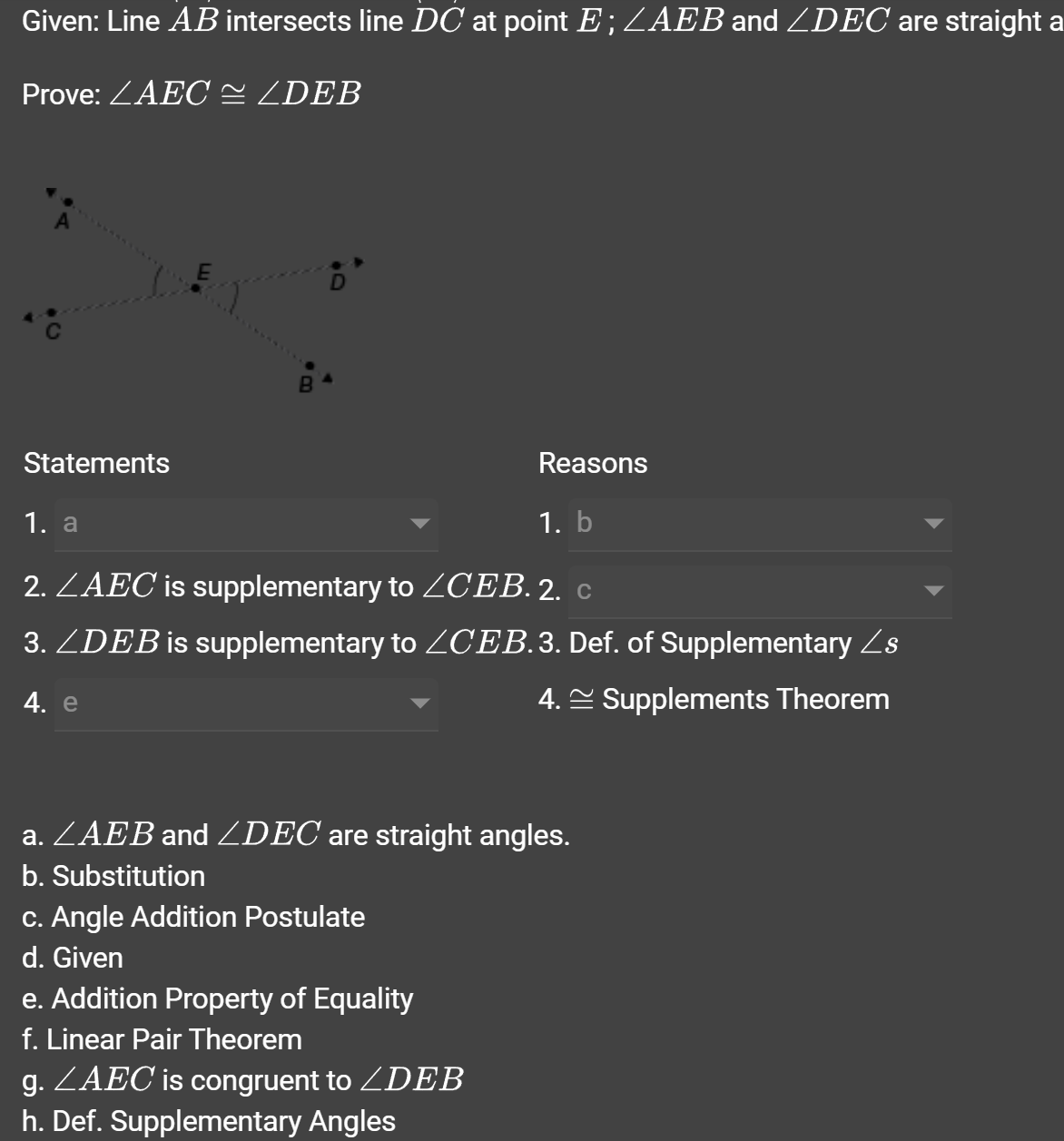 Solved Given Line Ab Intersects Line Dc At Point E ∠aeb And