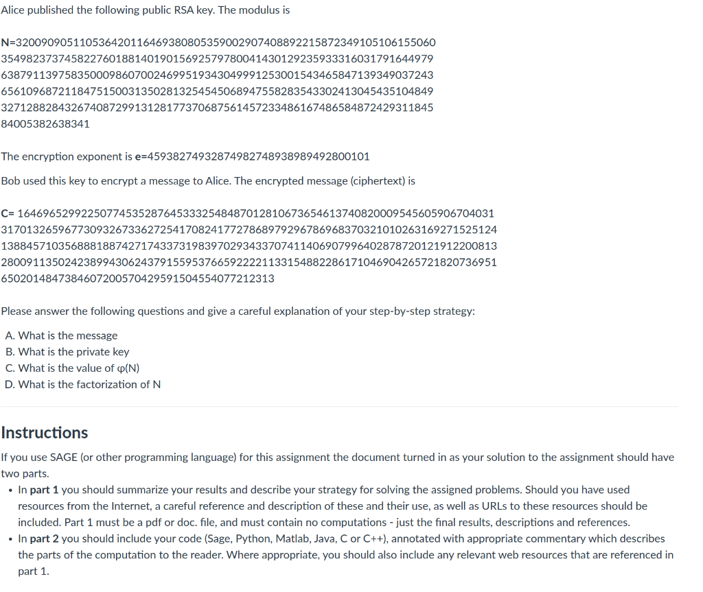 Solved Alice published the following public RSA key. The | Chegg.com