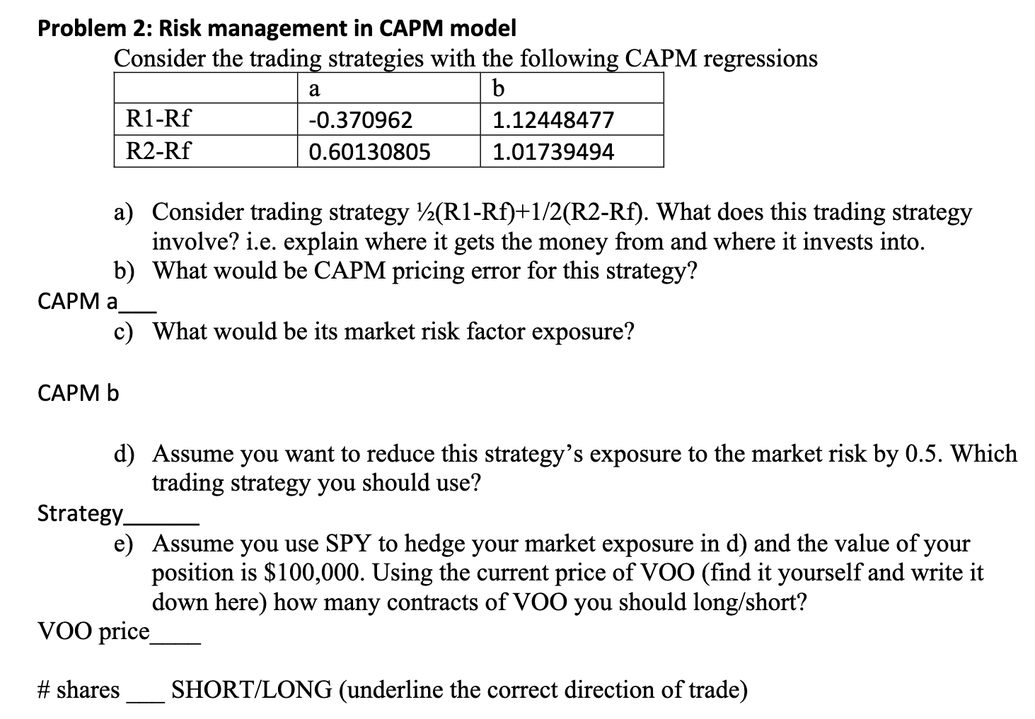 Problem 2: Risk management in CAPM model Consider the | Chegg.com