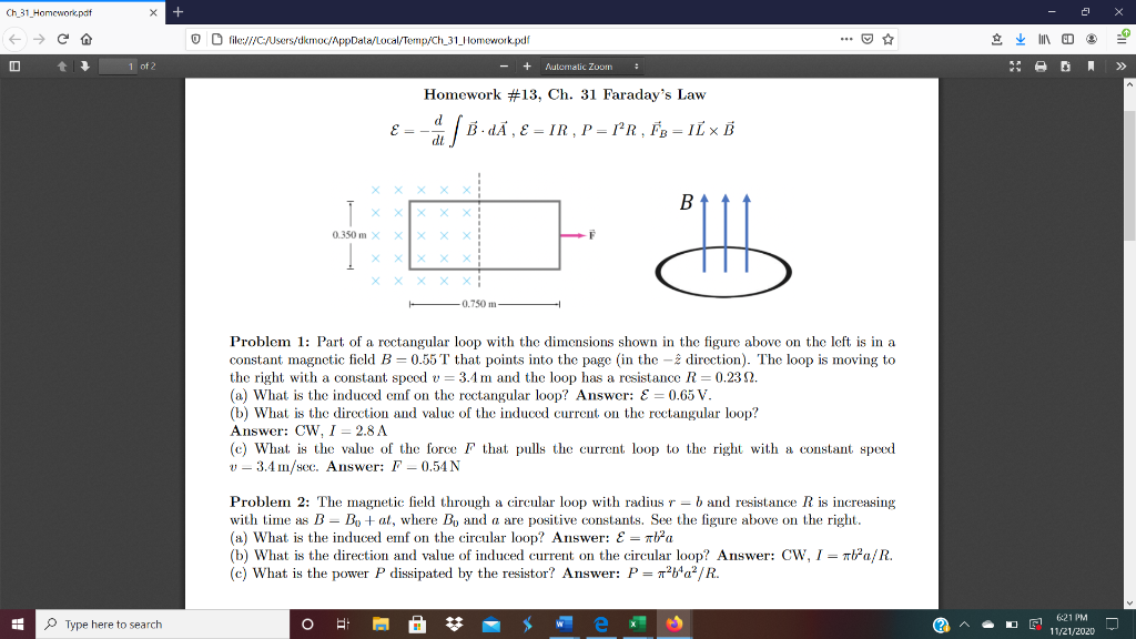 Solved Problem 1:Part of a rectangular loop with the | Chegg.com