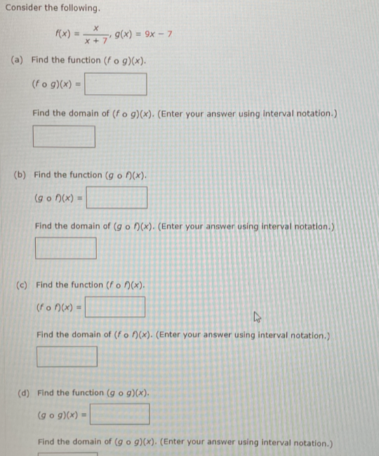 Solved Consider the following. f(x)=x+7x,g(x)=9x−7 (a) Find | Chegg.com