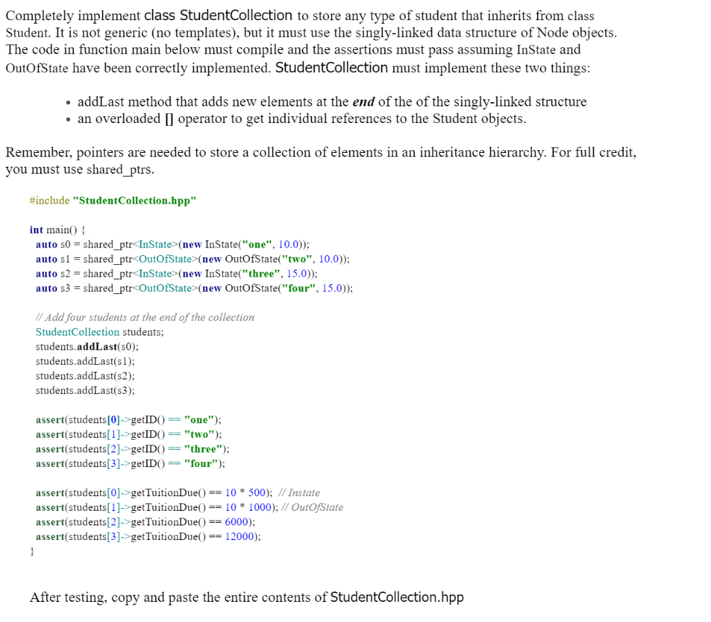 Completely implement class StudentCollection to store | Chegg.com