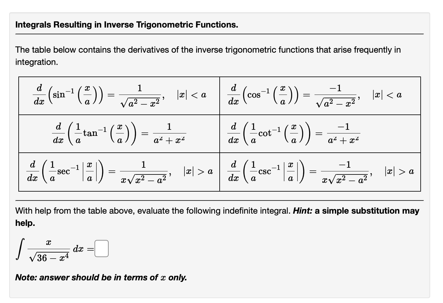 Solved Integrals Resulting in Inverse Trigonometric | Chegg.com