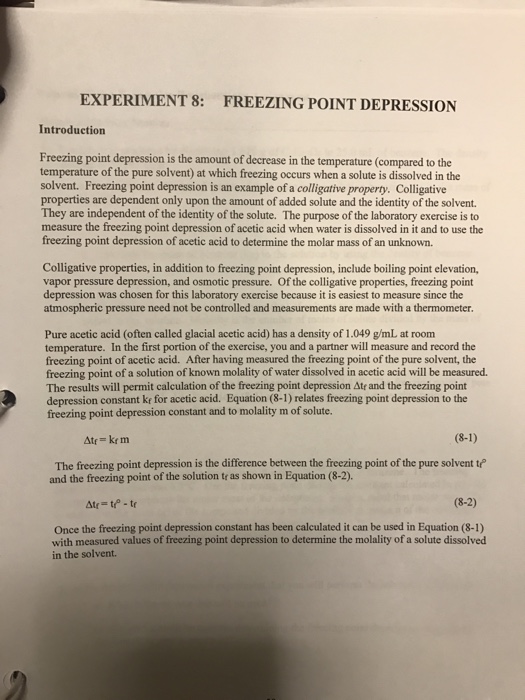 Solved EXPERIMENT 8 FREEZING POINT DEPRESSION Introduction | Chegg.com