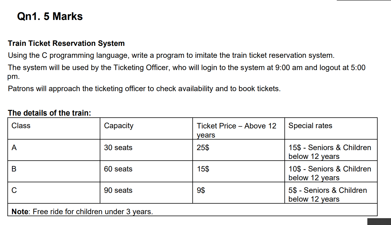 Solved Qn1. 5 Marks Train Ticket Reservation System Using | Chegg.com