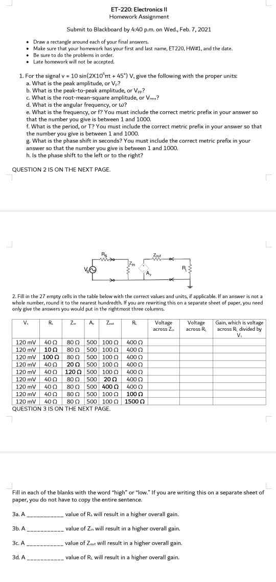 Solved ET-220: Electronics II Homework Assignment Submit to | Chegg.com