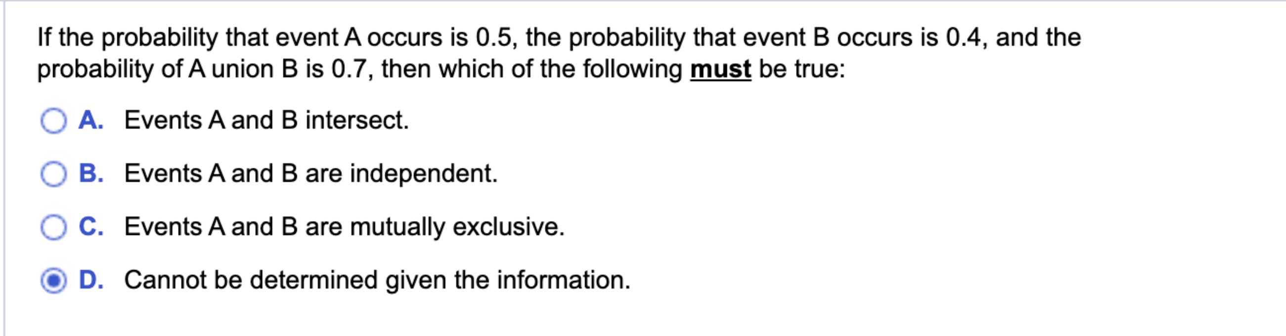 Solved If the probability that event A occurs is 0.5 , ﻿the | Chegg.com