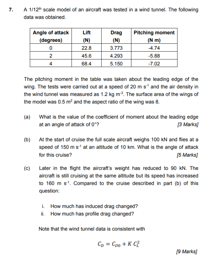 Solved 7. A 1/12th scale model of an aircraft was tested in | Chegg.com