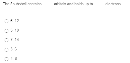 Solved The f-subshell contains orbitals and holds up to | Chegg.com