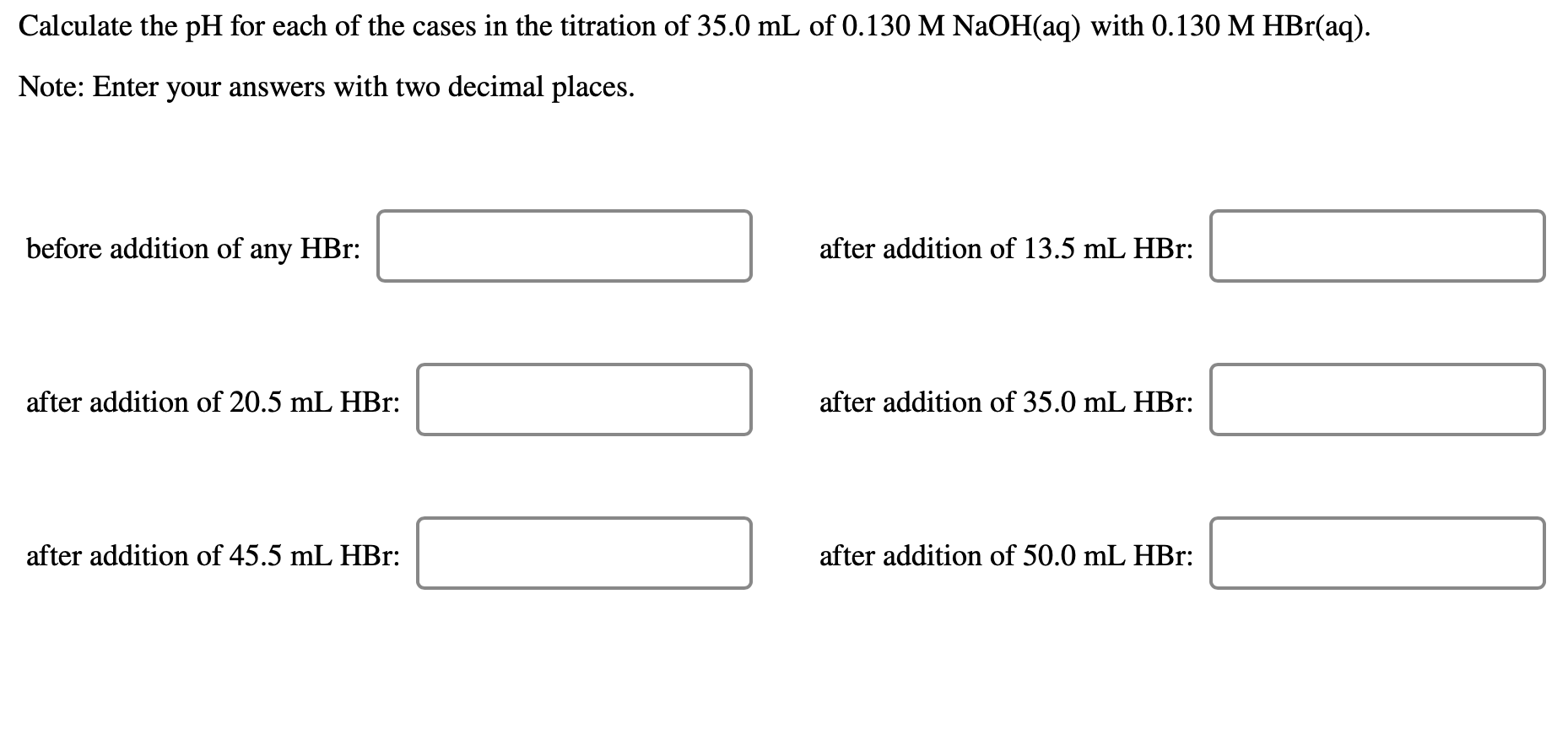 Solved Calculate the pH for each of the cases in the | Chegg.com