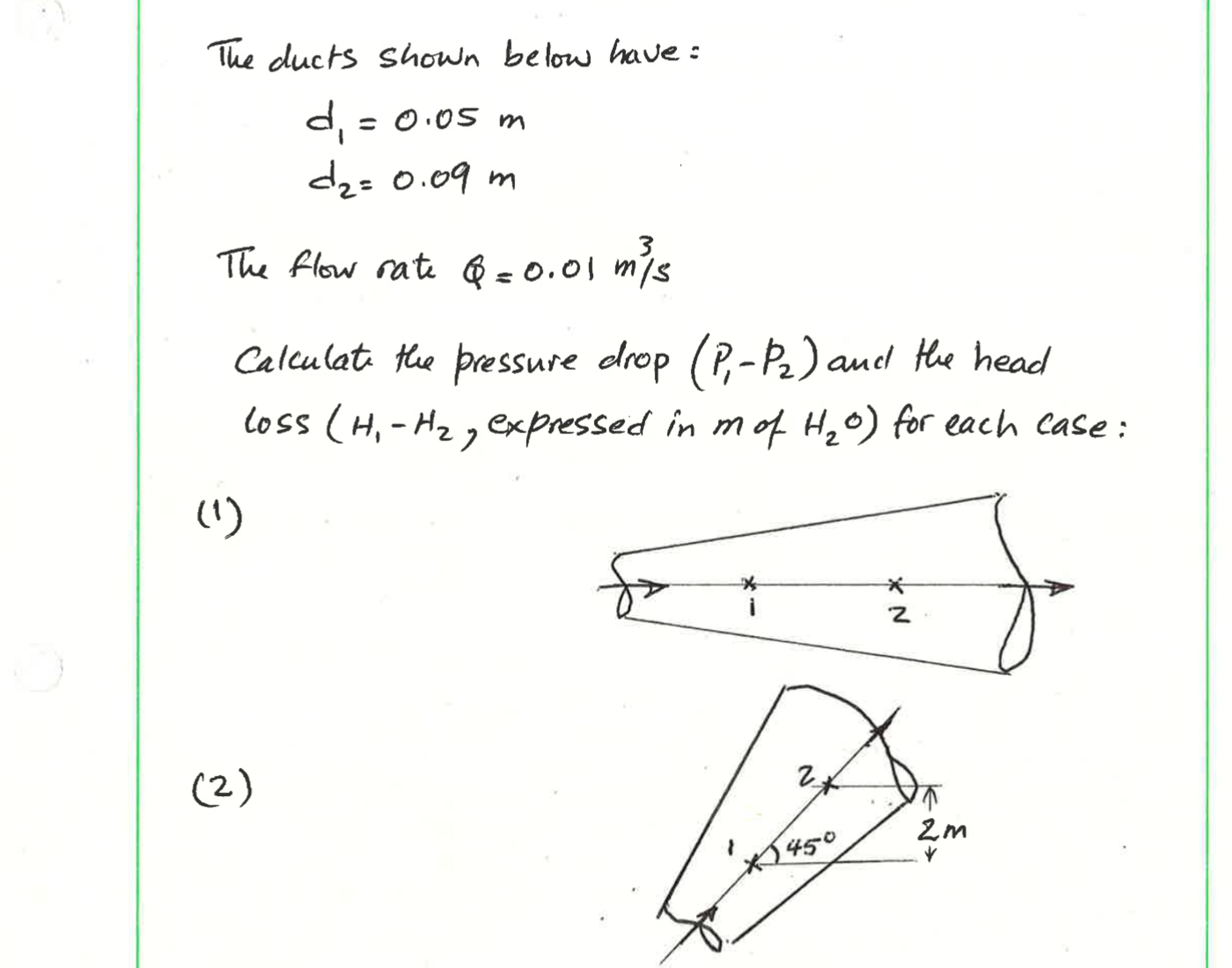 Solved The ducts shown below have:d1=0.05md2=0.09mThe flow | Chegg.com
