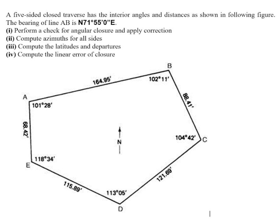 Solved A five-sided closed traverse has the interior angles | Chegg.com