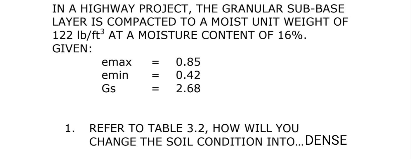 Solved IN A HIGHWAY PROJECT, THE GRANULAR SUB-BASE LAYER IS | Chegg.com