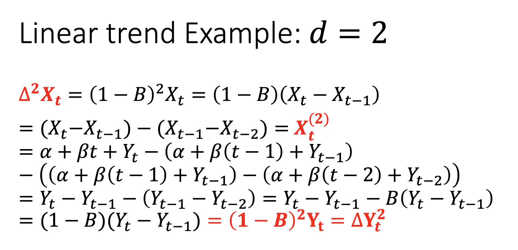 Solved Linear trend Example: d = 2 12X+ = (1 – B)2X+ = (1 – | Chegg.com