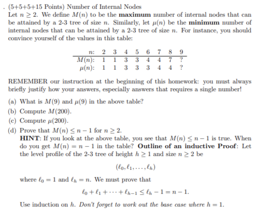 Solved . (5+5+5+15 Points) Number of Internal Nodes Let n > | Chegg.com