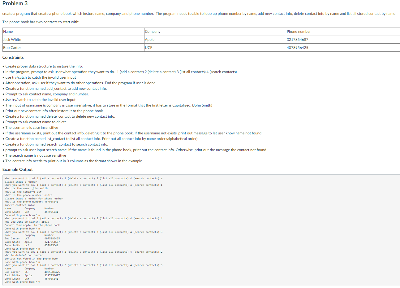 Solved The phone book has two contacts to start with: | Chegg.com