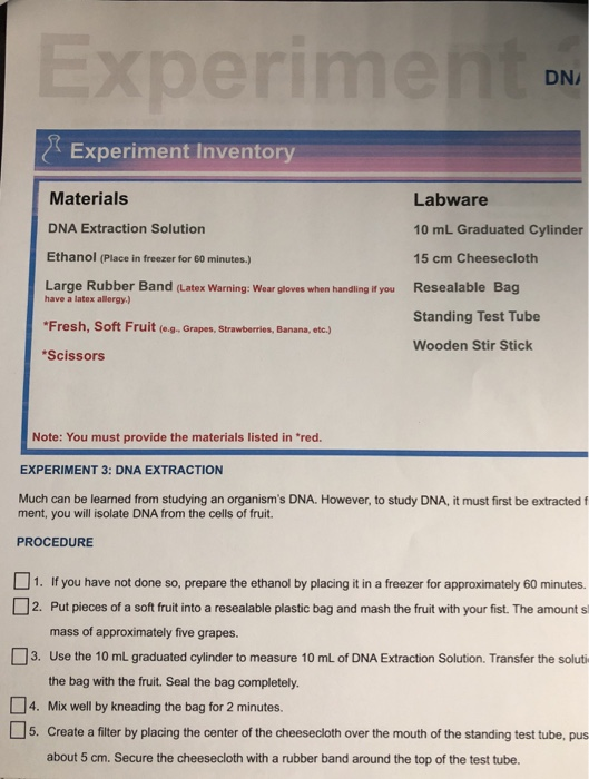 DNA Experiment Inventory Materials DNA Extraction | Chegg.com