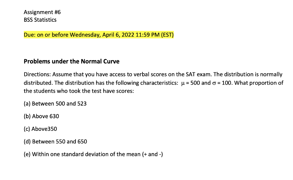 Solved Assignment #6 BSS Statistics Due: on or before | Chegg.com