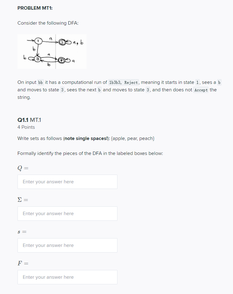 Solved PROBLEM MT1: Consider the following DFA: Saab b a bo | Chegg.com