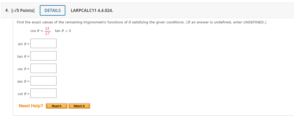 Solved Find The Exact Values Of The Remaining Trigonometric 