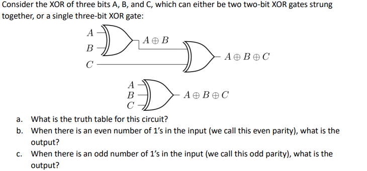 Solved Consider the XOR of three bits A, ﻿B, ﻿and C, ﻿which | Chegg.com