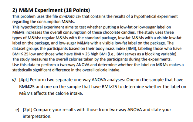 2) M\&M Experiment (18 Points) This problem uses the | Chegg.com