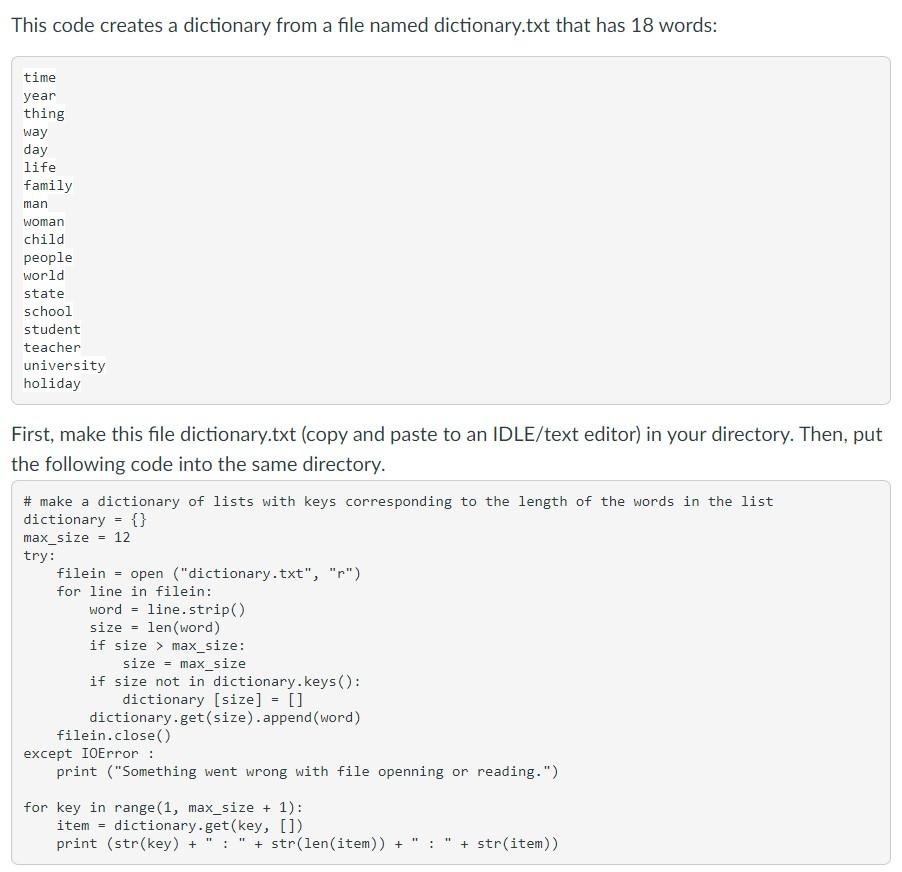 Solved This code creates a dictionary from a file named | Chegg.com