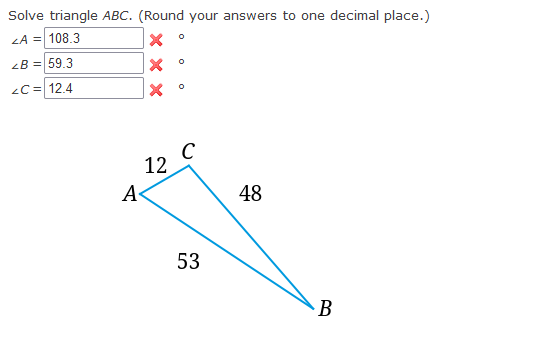 Solve triangle ABC. (Round your answers to one | Chegg.com