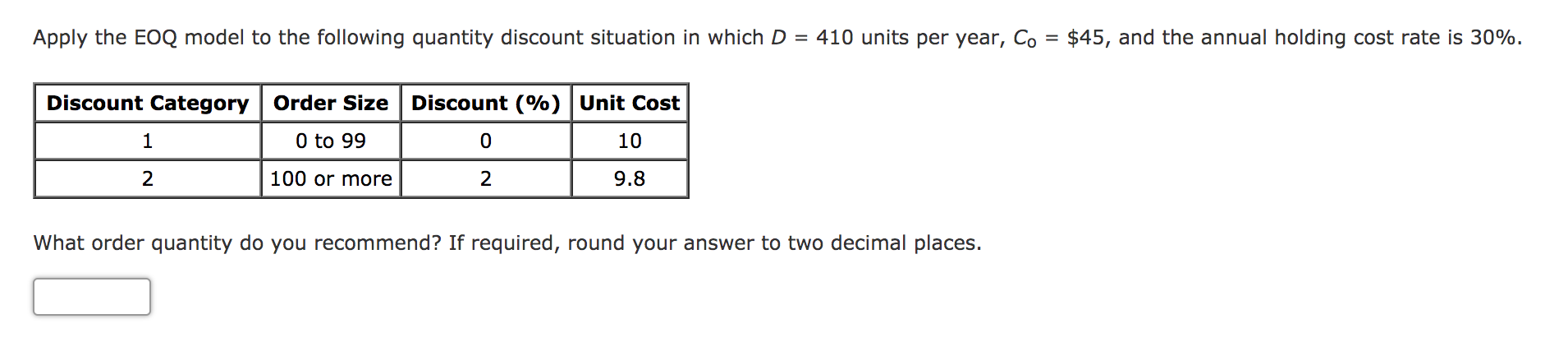 Solved Apply the EOQ model to the following quantity | Chegg.com