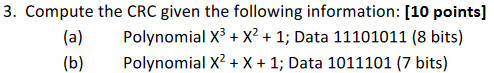 Solved 3. Compute the CRC given the following information: | Chegg.com