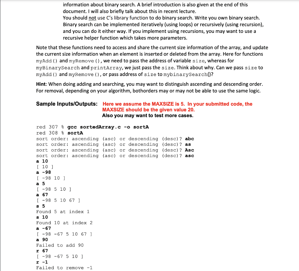 Solved Question 2 Maintaining sorted array arrays, loops, | Chegg.com