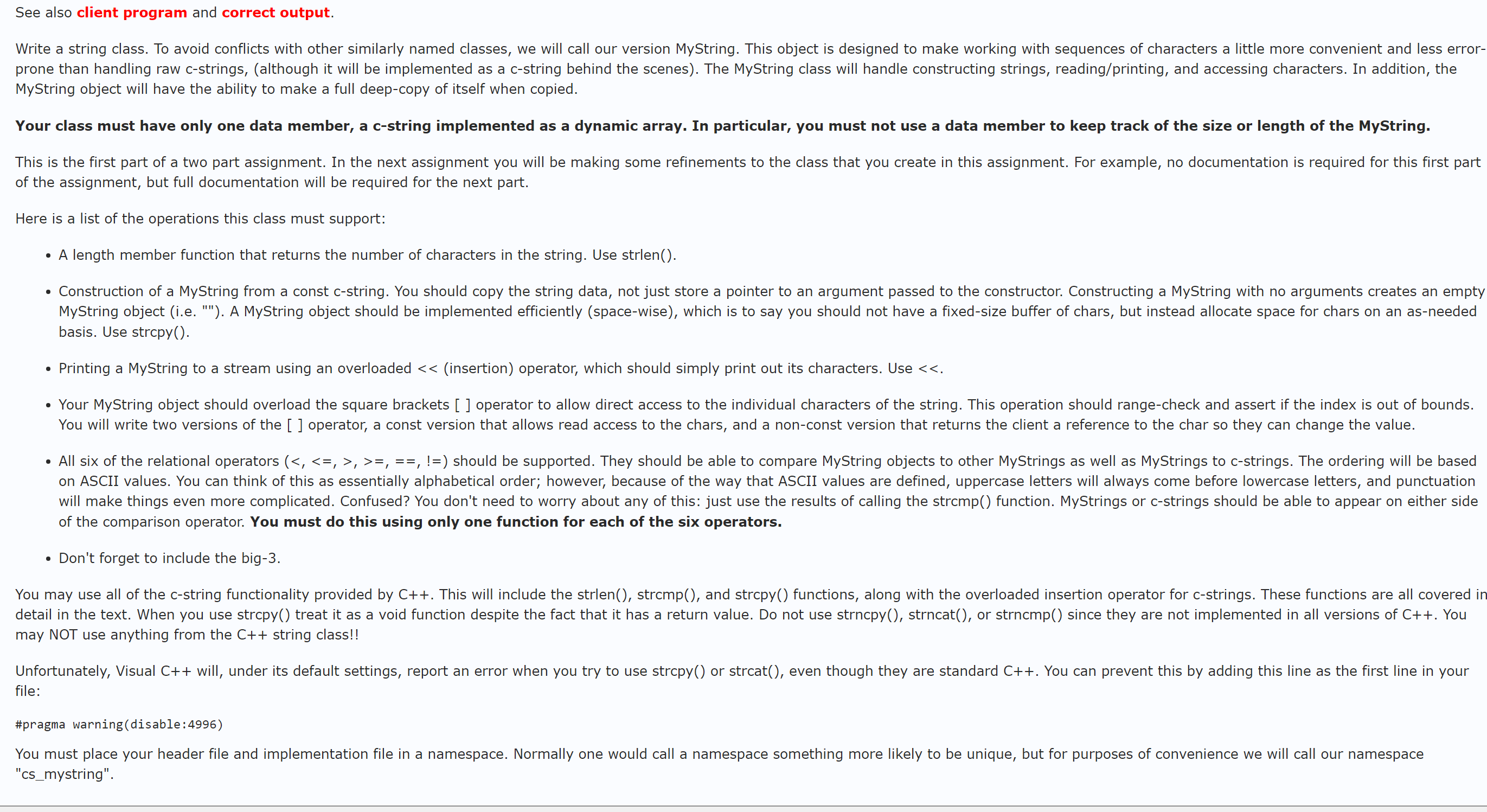 Solved by an EXPERT See also client program and correct output.MyString | Chegg.com